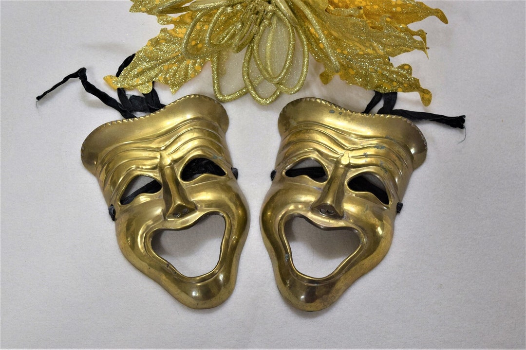 Brass Comedy Opera Mask Vintage Theatre Drama Wall Decor Pair of Comedy ...