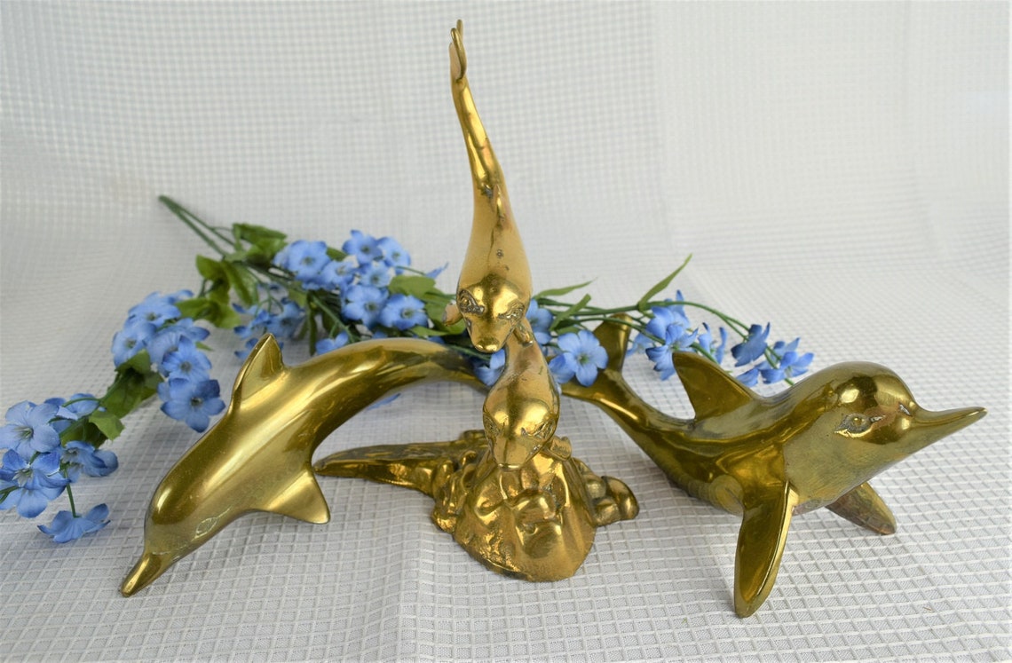 3 Solid Brass Dolphin Figurines Nautical Decor Beach House | Etsy