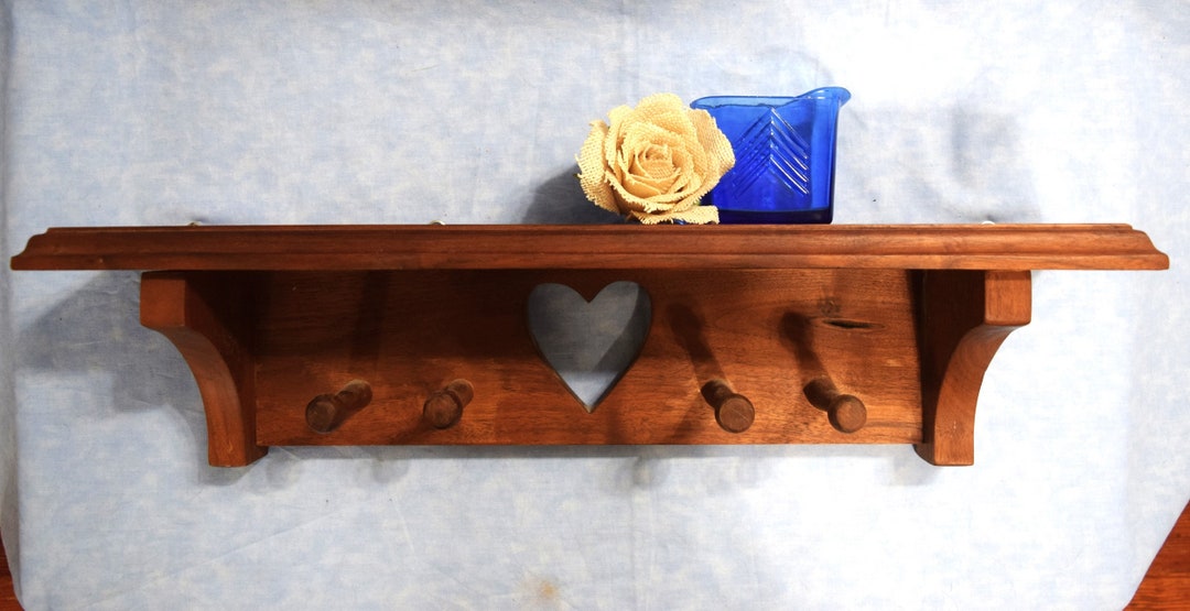 Vintage Wood Wall Shelf With Heart Cut Out Design and 4 Key Holder ...