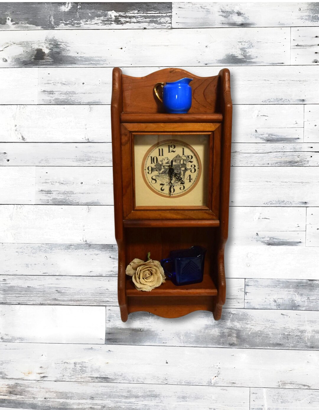 Vintage Wood Shelf Cabinet With Clock Center Watermill Face Clock ...