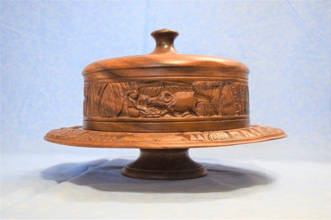 Beautiful Footed Cake Stand With Lid Hand Carved Wood Vintage Monkey ...