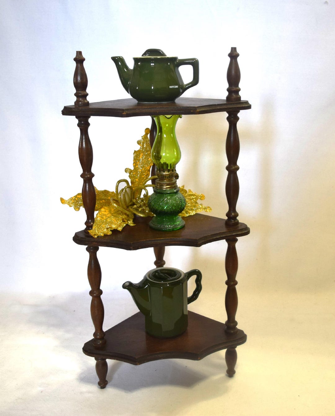 Vintage Spindle Wood Corner Wall Shelf Decorative 3 Tier Display ...