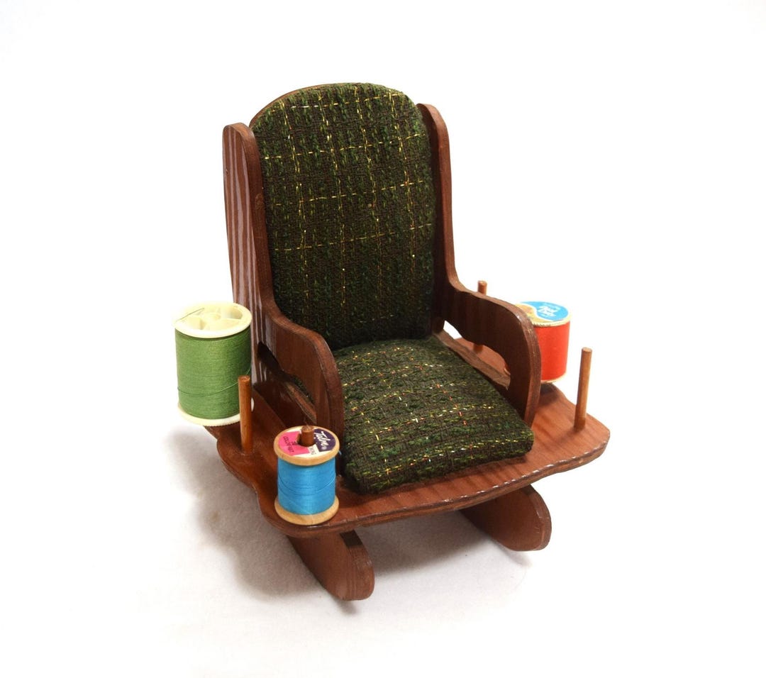 Vintage Wood Rocking Chair Pincushion With Thread Caddy Holds 6 Spools ...