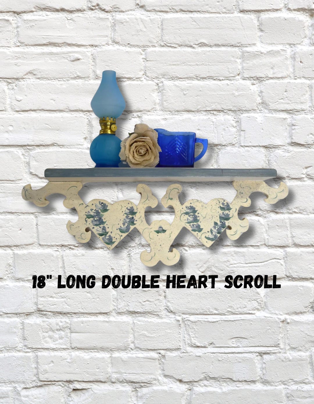 French Country Wood Wall Shelf With Scroll Double Heart Design Wood ...