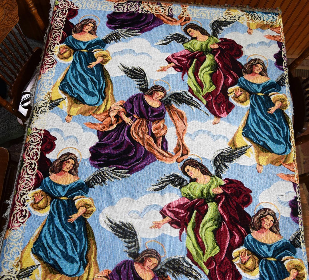 Vintage Angels in Heaven Afghan Fringe Edges Vibrant Color Throw ...