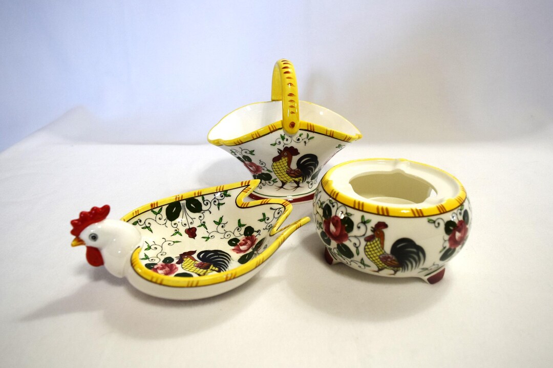 Vintage Early Provincial Rooster and Roses Counter Pieces Rooster Dish ...