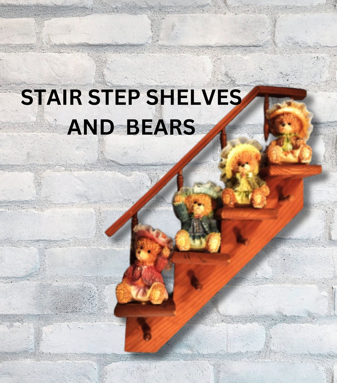 Vintage Stair Step Shelf With 4 Darling Bears Display Wall Hanging 4 ...