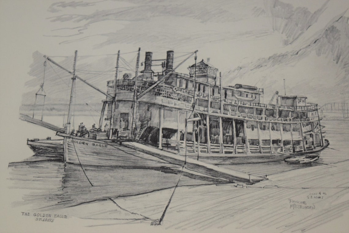 Vintage Pencil Drawing Prints River Boats 14X11 Ready for - Etsy