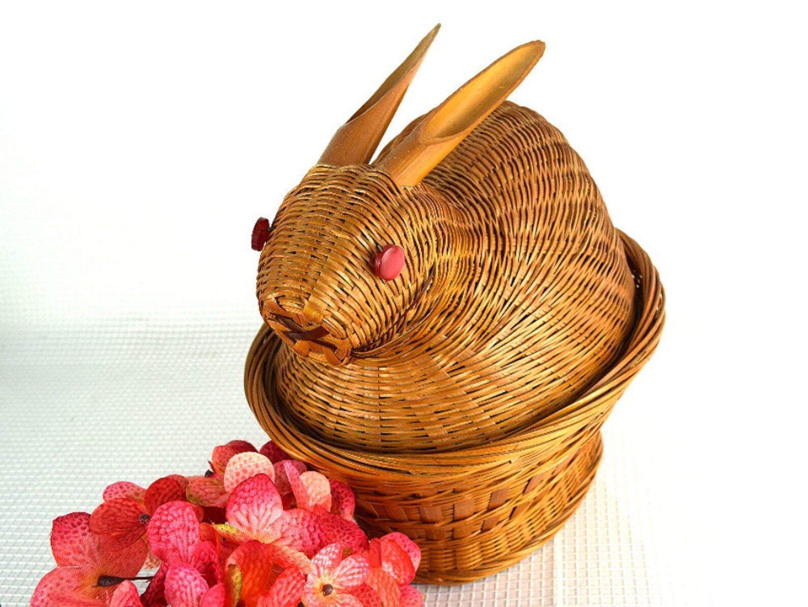 Vintage Easter Bunny Wicker Basket With Pearl Red Button Eyes | Etsy