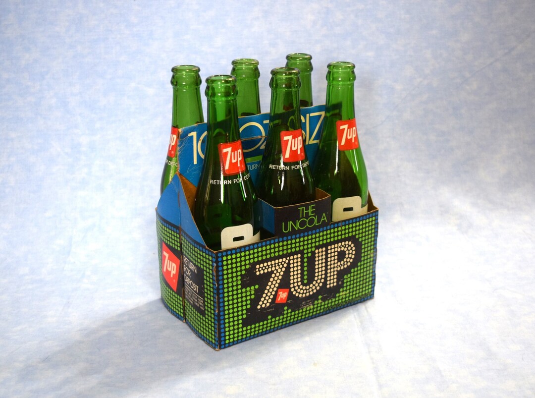 1970s 7 UP Green Glass Pop Bottles 6 Pack in Carton the Uncola 10 Ounce ...