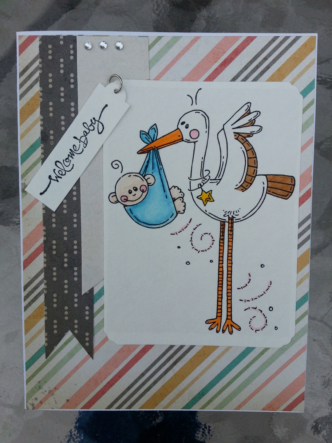 Handcrafted Baby Card, Baby Boy, Stork, Expecting, Baby Shower, Welcome ...