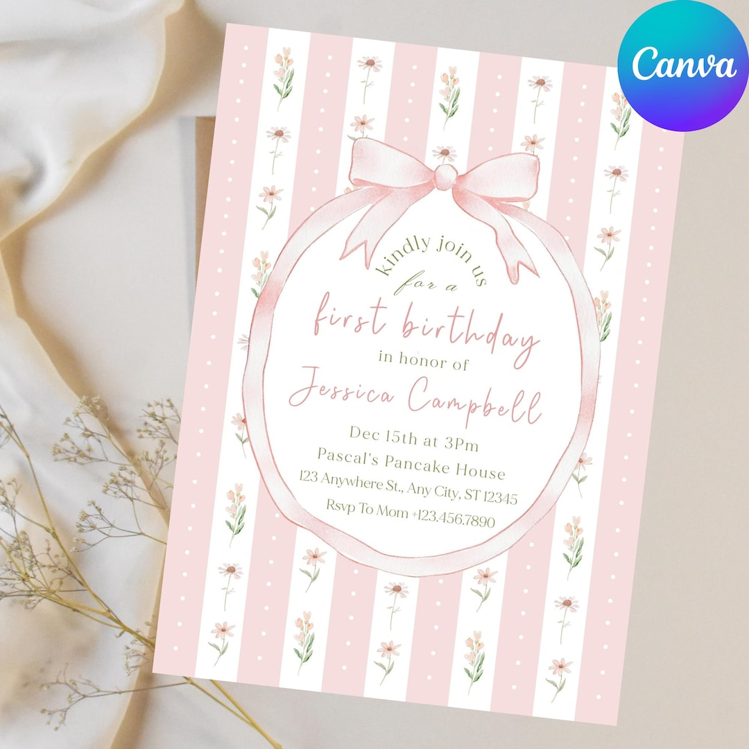 Pink Bow Birthday Invitation: Editable Canva Template - Etsy