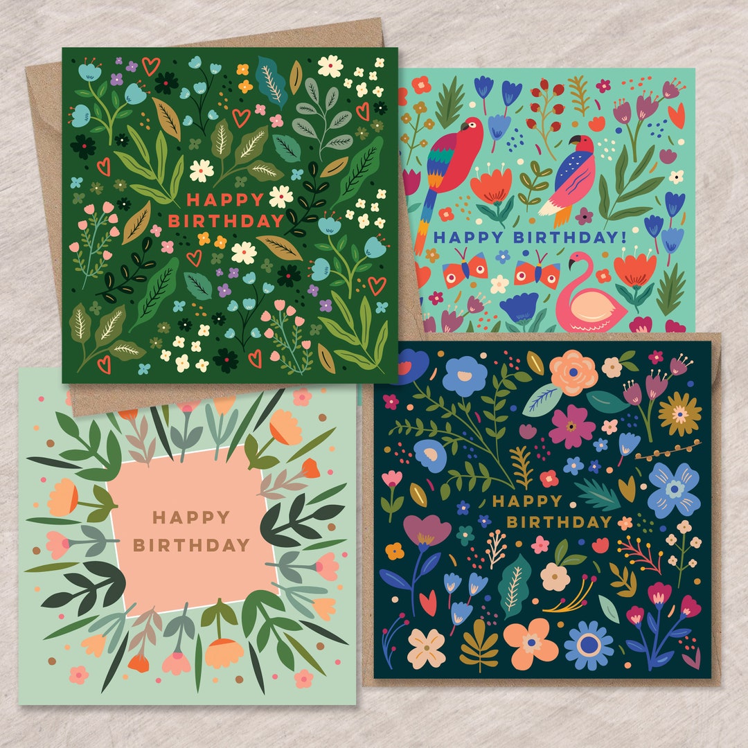 Floral Birthday Card Set | Botanical Greeting Cards, Pack of 4 - Etsy
