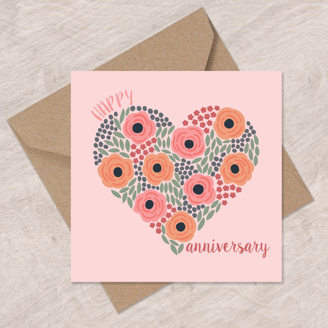 Roses and Heart Happy Anniversary Card, Floral Anniversary Card, Roses ...