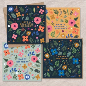 Folk Flowers and Leaves Birthday Card Bundle Birthday Card - Etsy