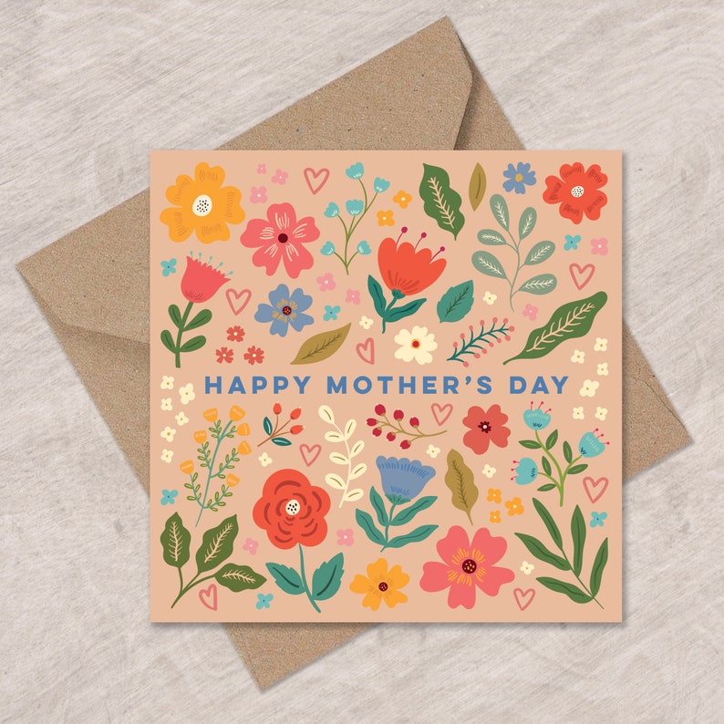 Floral Mother's Day Card: Pretty Flowers and Hearts Design - Etsy