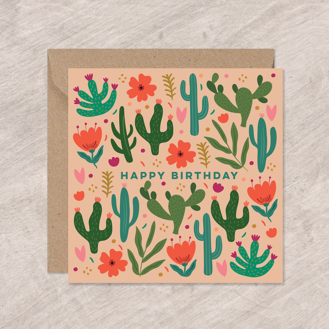 Funky Cactus and Flowers Birthday Card | Happy Birthday Cactus Card ...