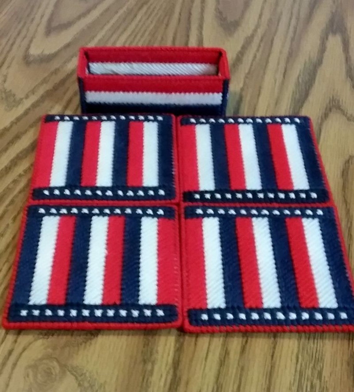Plastic Canvas Patriotic Drink Coasters With Holder, Handmade, Cross ...