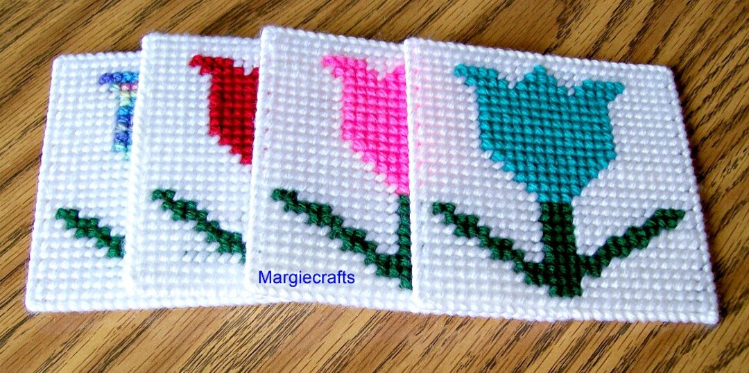 Handmade Tulip Coasters: Set of 4 Summer Drink Coasters, Plastic Canvas ...