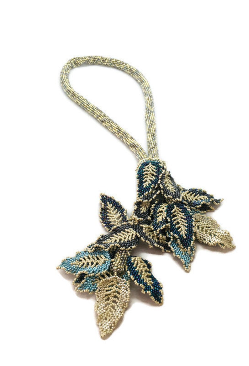 Beaded Leaf Lariat Necklace, Beadwork Necklace in Metallic Beads ...