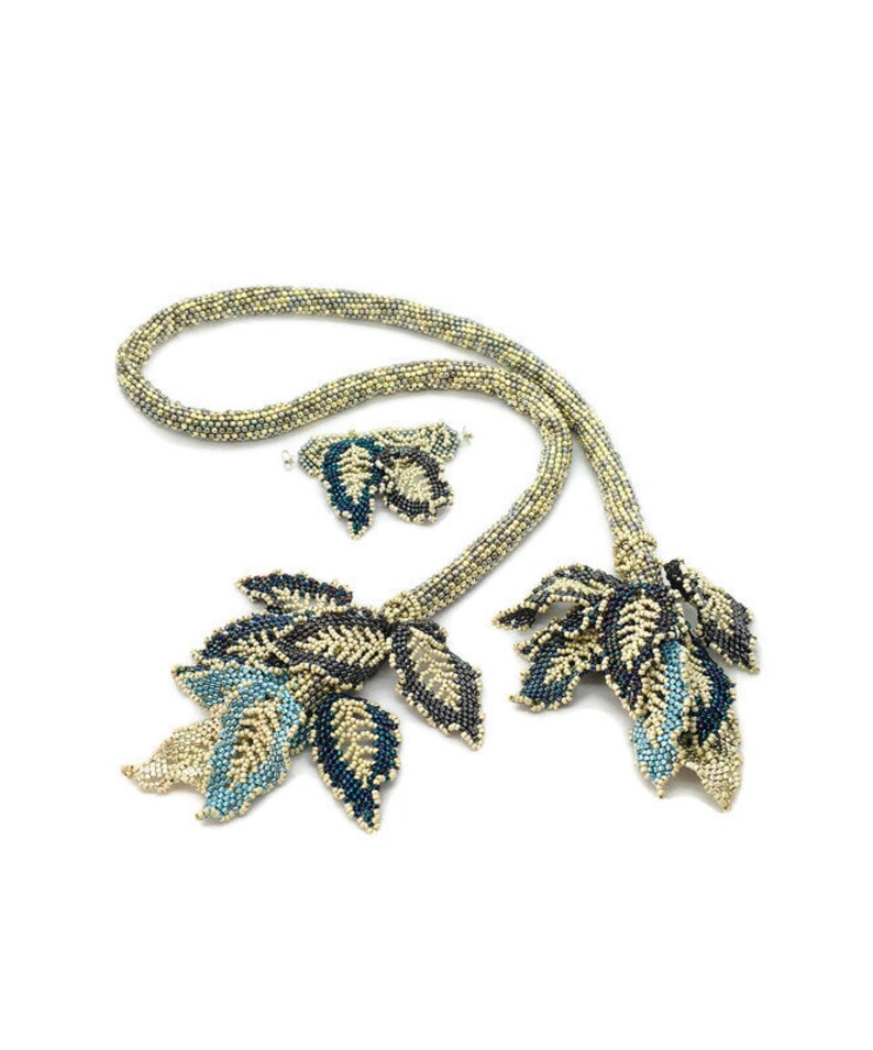Beaded Leaf Lariat Necklace, Beadwork Necklace in Metallic Beads ...