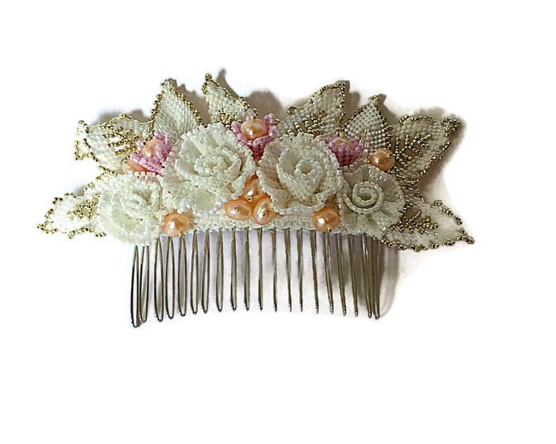 Hand Beaded Flowers and Leaves Hair Comb for Bride - Pearl and Seed ...