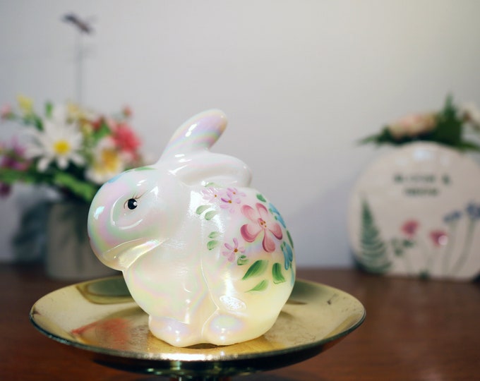 Vintage Fenton White Iridized Bunny Rabbit Pink Flowers Hand Painted by ...