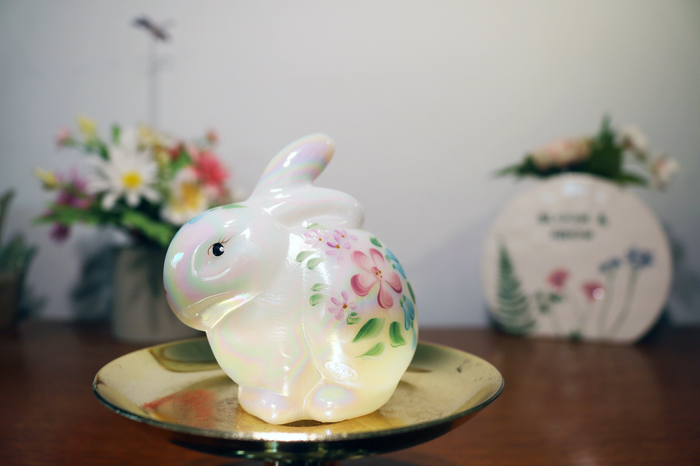 Vintage Fenton White Iridized Bunny Rabbit Pink Flowers Hand - Etsy