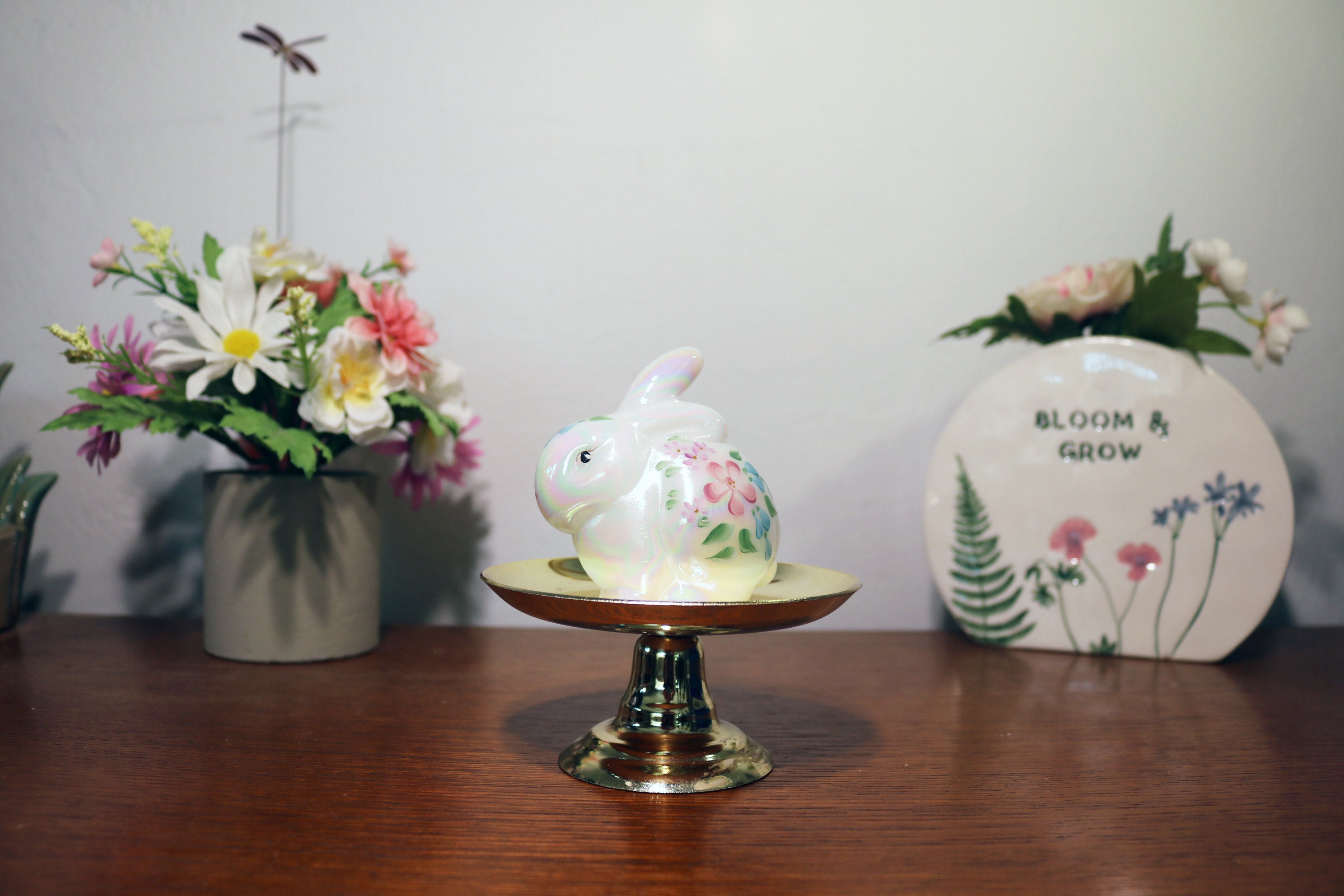 Vintage Fenton White Iridized Bunny Rabbit Pink Flowers Hand - Etsy