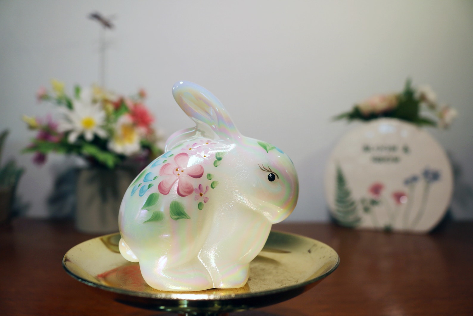 Vintage Fenton White Iridized Bunny Rabbit Pink Flowers Hand - Etsy
