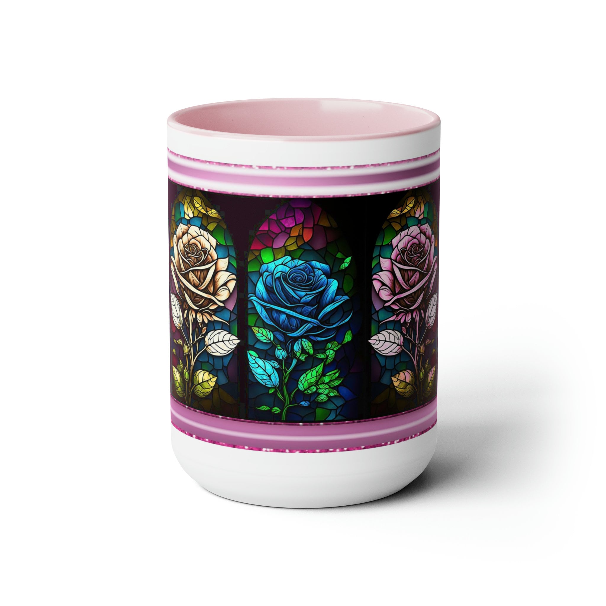 Rainbow of Roses Stained Glass Two-tone Ceramic Coffee Mugs, 15oz, Lead ...