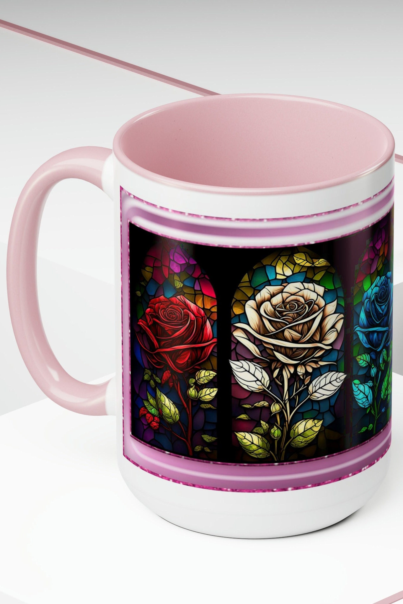 Rainbow of Roses Stained Glass Two-tone Ceramic Coffee Mugs, 15oz, Lead ...