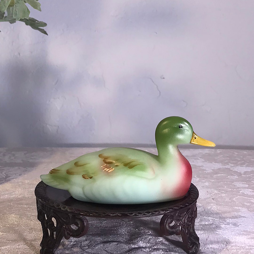 Vintage Fenton Art Glass Jadeite Mallard Duck Figurine Green Satin ...