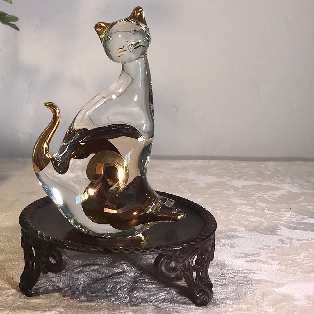 Vintage Murano Art Glass Cat Figurine-crystal & Gold Trim - Etsy