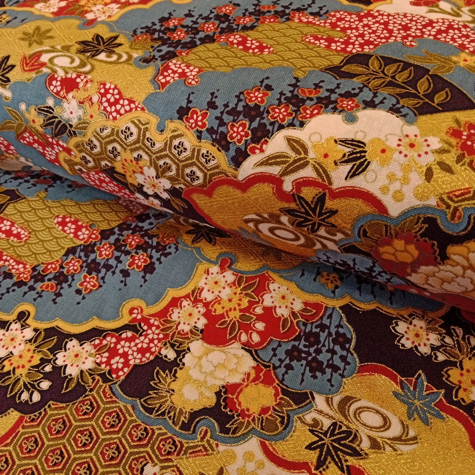 Blue and Gold Traditional Japanese Print Fabric on Cotton - Etsy