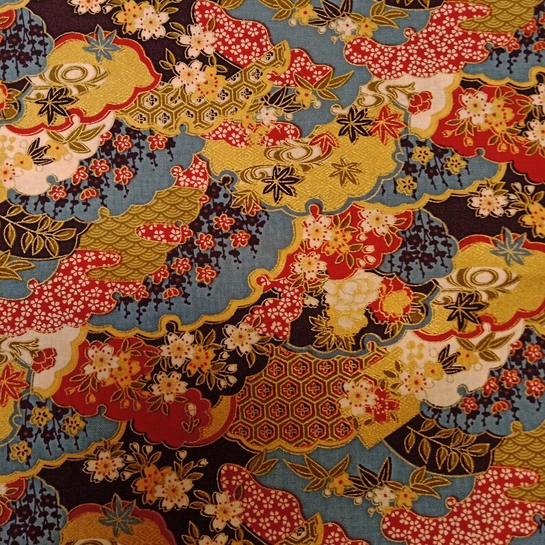 Blue and Gold Traditional Japanese Print Fabric on Cotton - Etsy