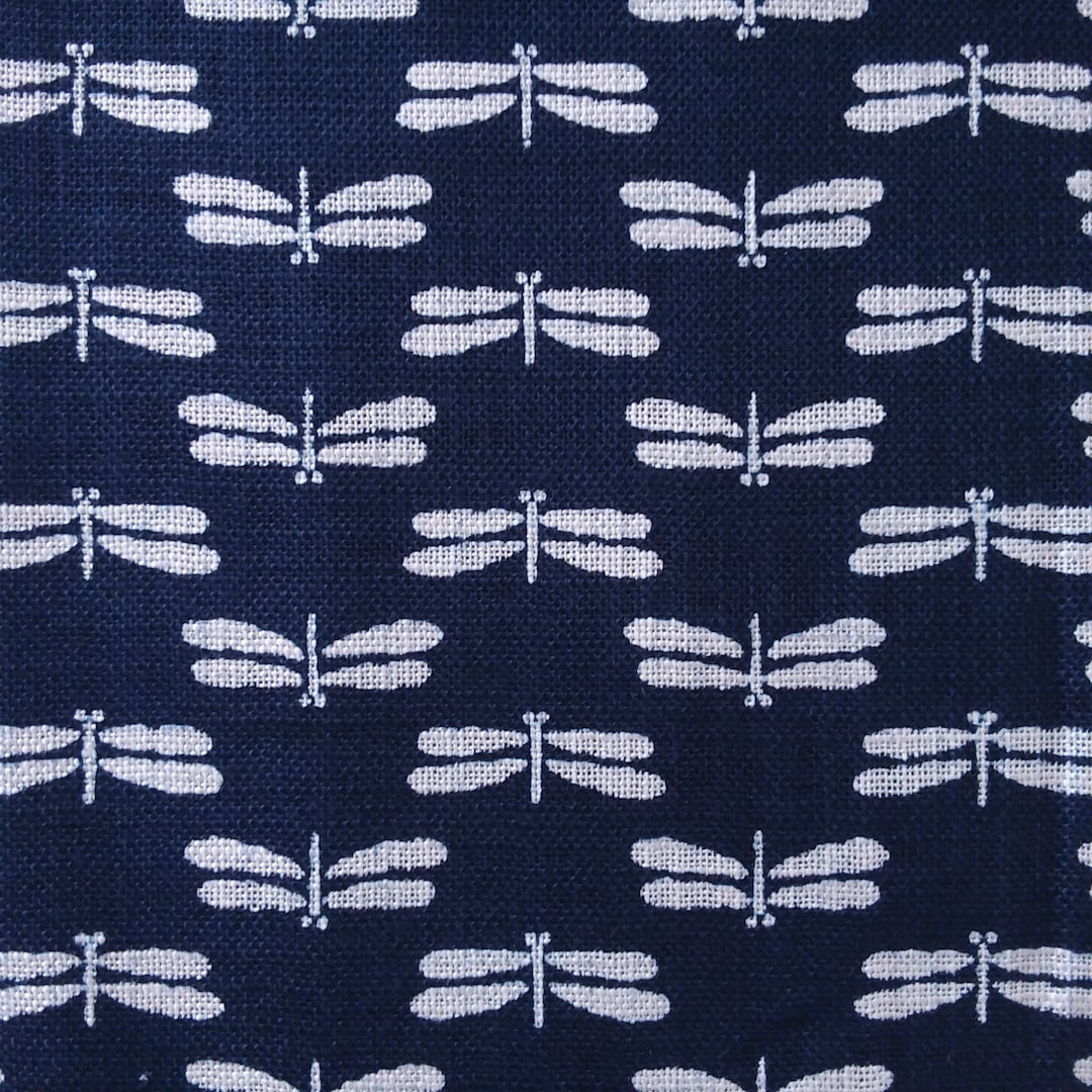 Navy Dragonflies Japanese Print Fabric on Nara Homespun Linen Cotton ...