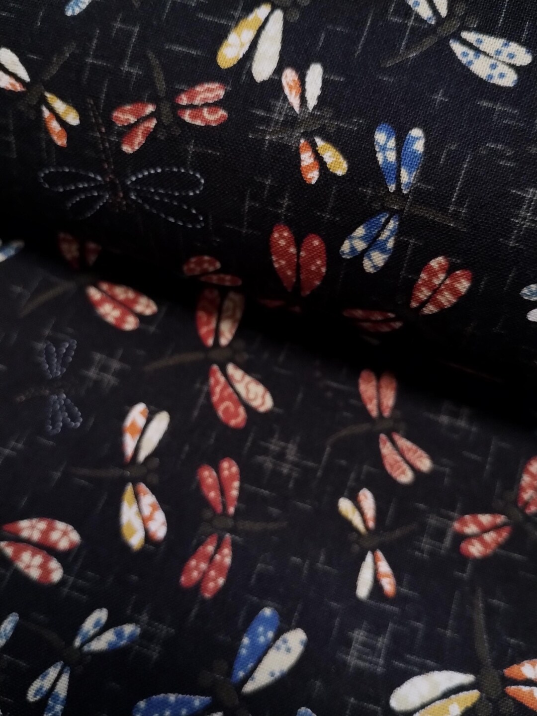 Traditional Japanese Black Dragonflies Homespun Print Cotton Fabric per ...