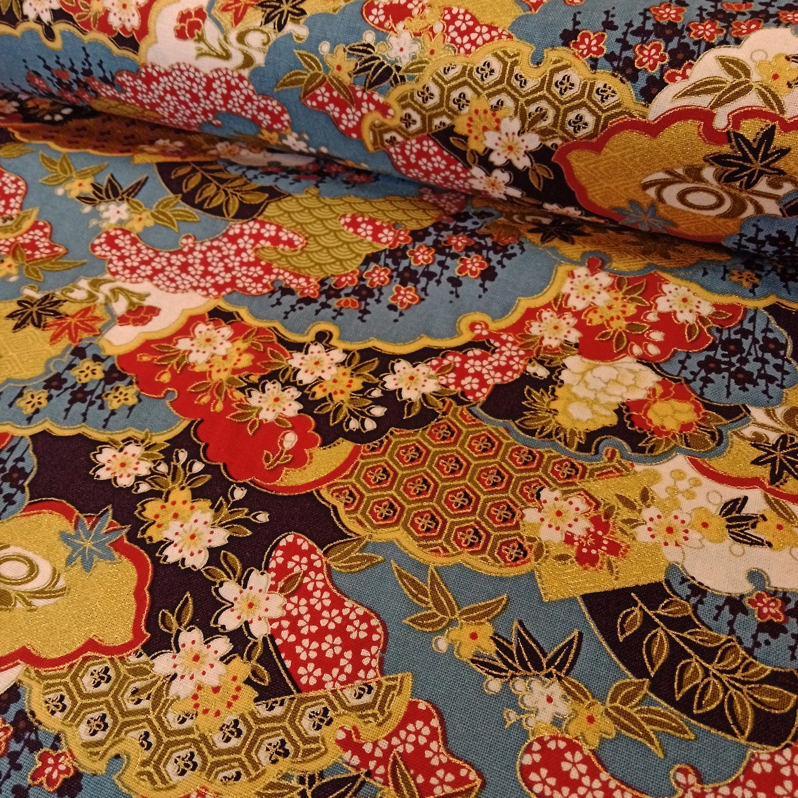 Blue and Gold Traditional Japanese Print Fabric on Cotton - Etsy