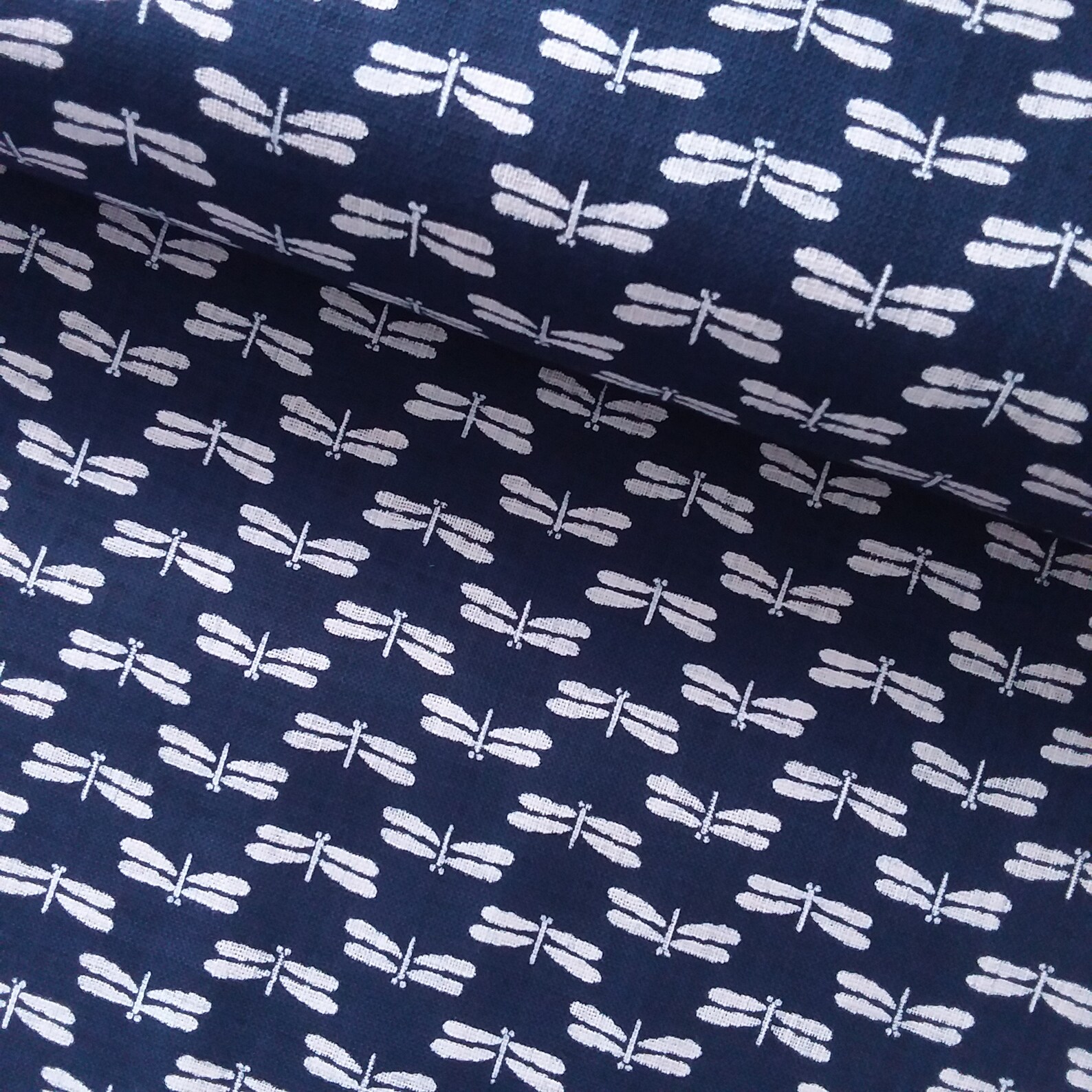Navy Dragonflies Japanese Print Fabric on Nara Homespun Linen Cotton ...
