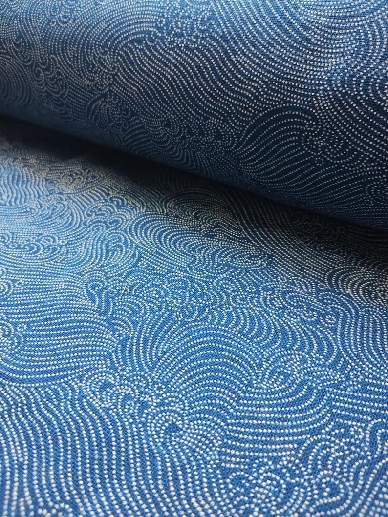 Traditional Japanese Blue Waves Homespun Print Linen on Cotton Fabric ...