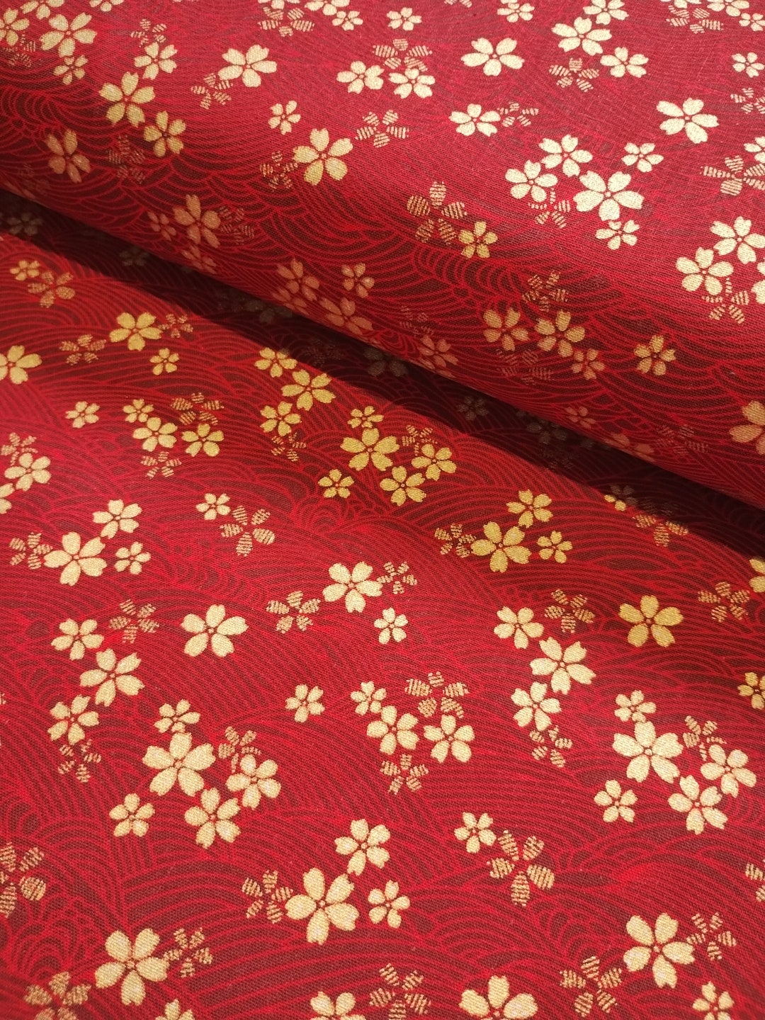 Red and Gold Traditional Sakura Cherry Blossom Japanese Print Fabric on ...