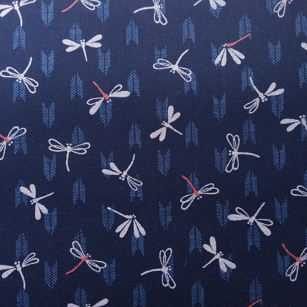 Navy Indigo Dye Mini Dragonflies Japanese Print Fabric on Cotton Fabric ...