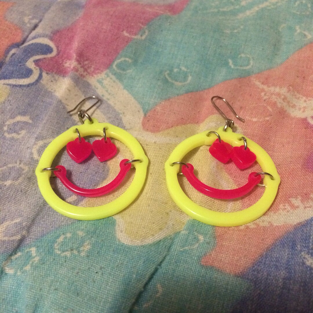 Vintage 1990s Neon Smiley Face Dangle Earrings - Etsy