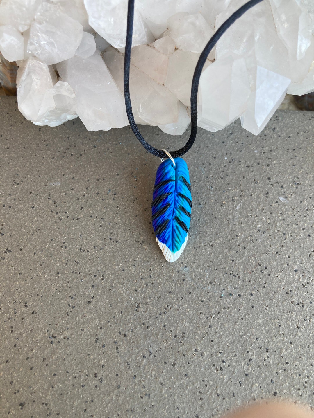 Blue Jay Feather Charm Necklace Bluejay Polymer Clay Pendant Hand ...