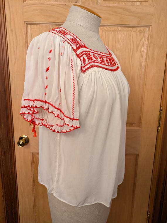 1940s Mexican Peasant Blouse Red and White - Gem