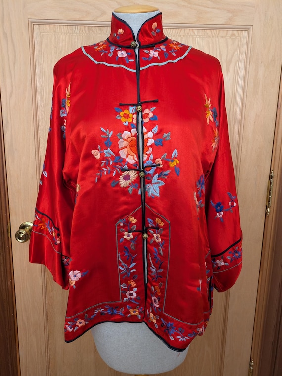 1920s Chinese Embroidered Jacket Red Silk - Gem