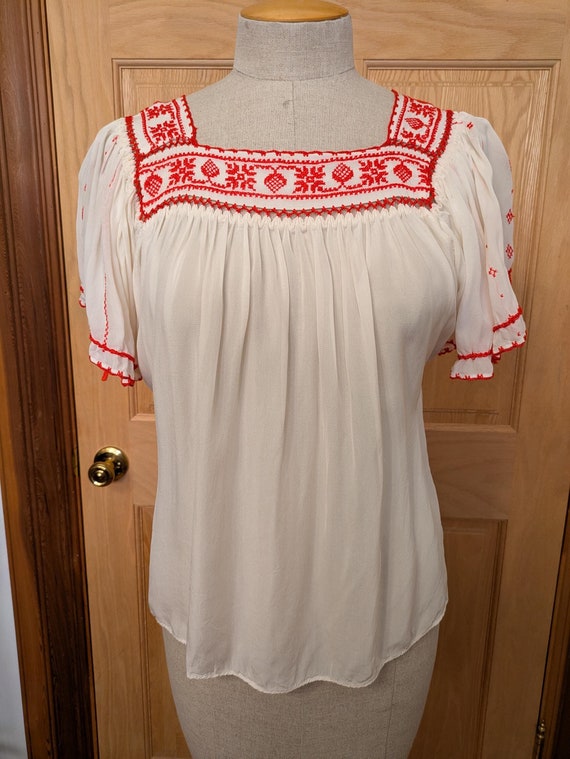1940s Mexican Peasant Blouse Red and White - Gem