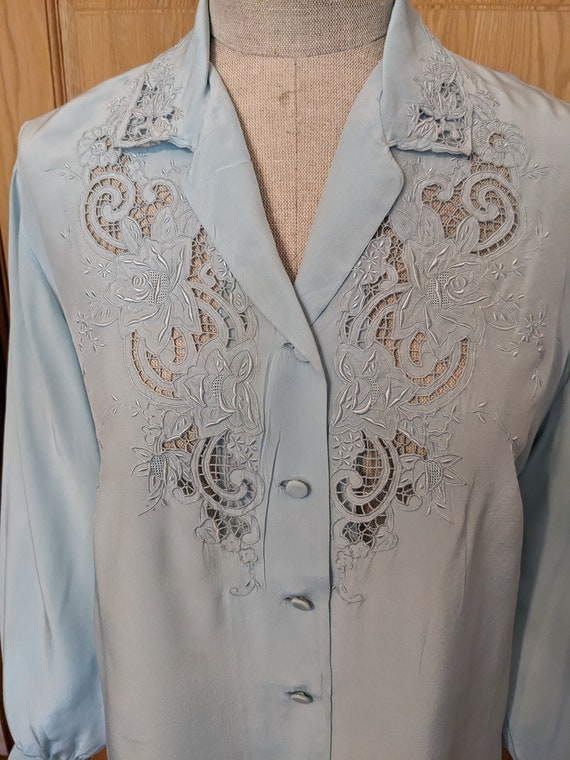 70s Chinese Silk Embroidered Blouse Ice Blue - Gem