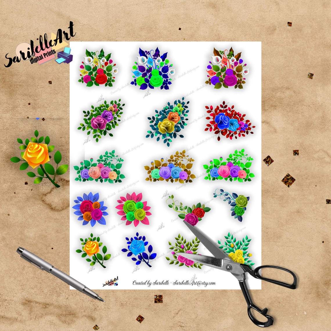 Colorful Roses Bouquet Printable Stickers, Printable Sticker Sheet ...